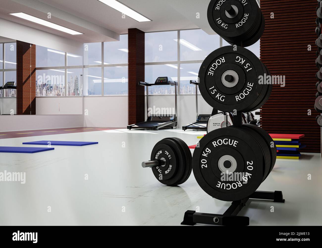 3d Rendering of Modern gym. Sports equipment and exercise bike in gym ...