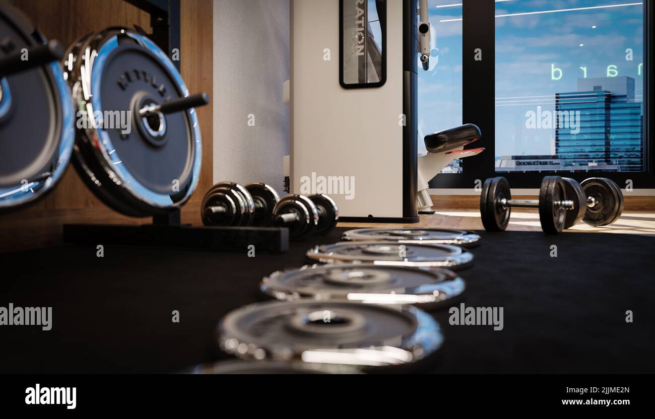 3d Rendering of Modern gym. Sports equipment in gym. 3d illustration of ...