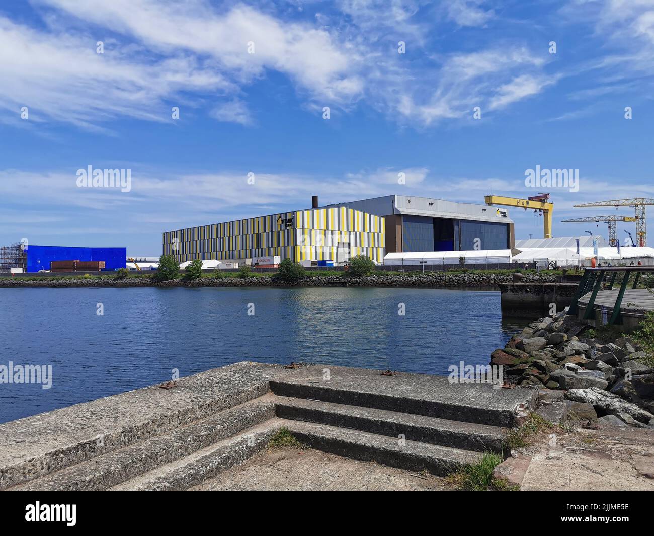A famous landmark of Titanic studio in Belfast with a crane in the ...