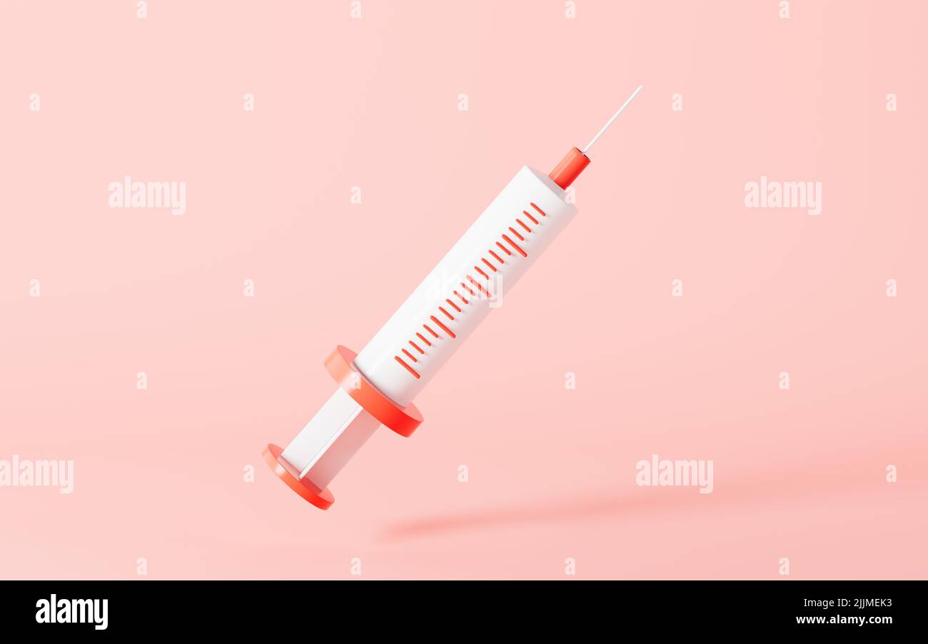 Cartoon style injection syringe with pink background, medical concept ...