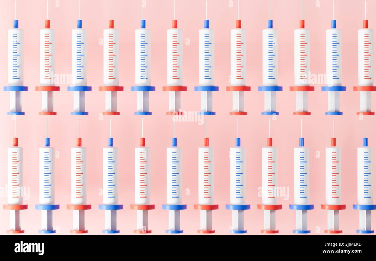 Cartoon style injection syringe line up with pink background, 3d ...
