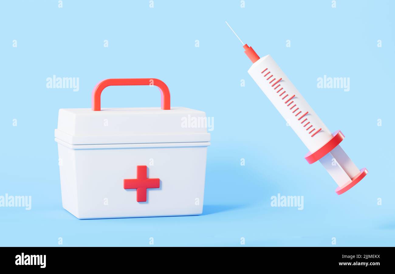 Cartoon style injection syringe and medicine chest with blue background ...