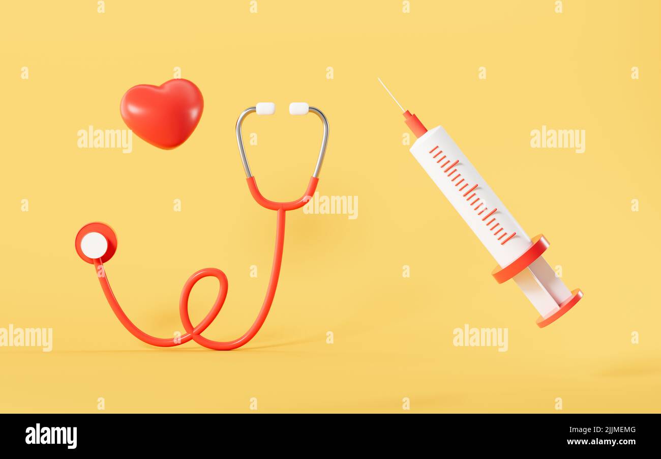 Stethoscope and injection syringe with yellow background, 3d rendering ...