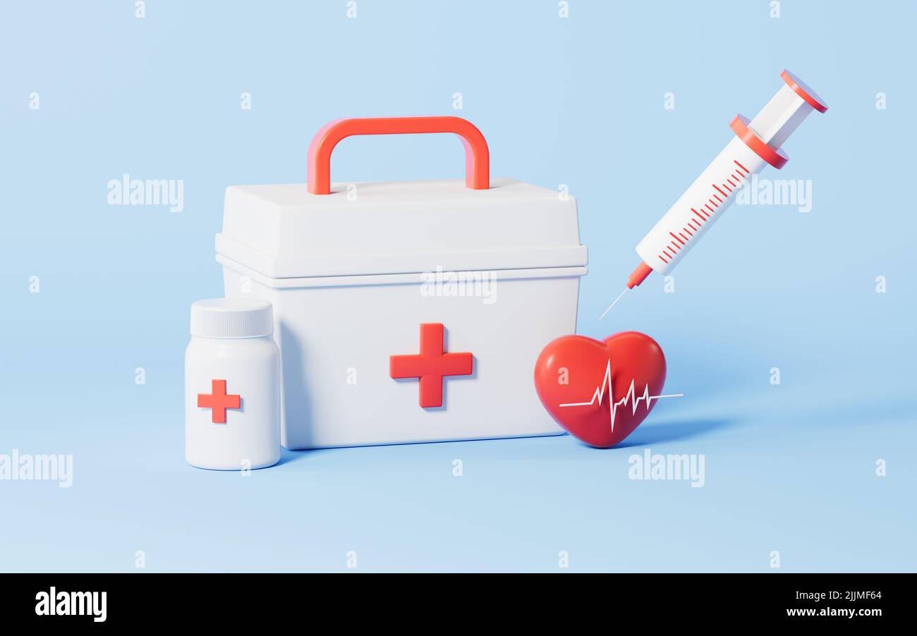 Cartoon style medicine kit and medical supplies, 3d rendering. Computer ...