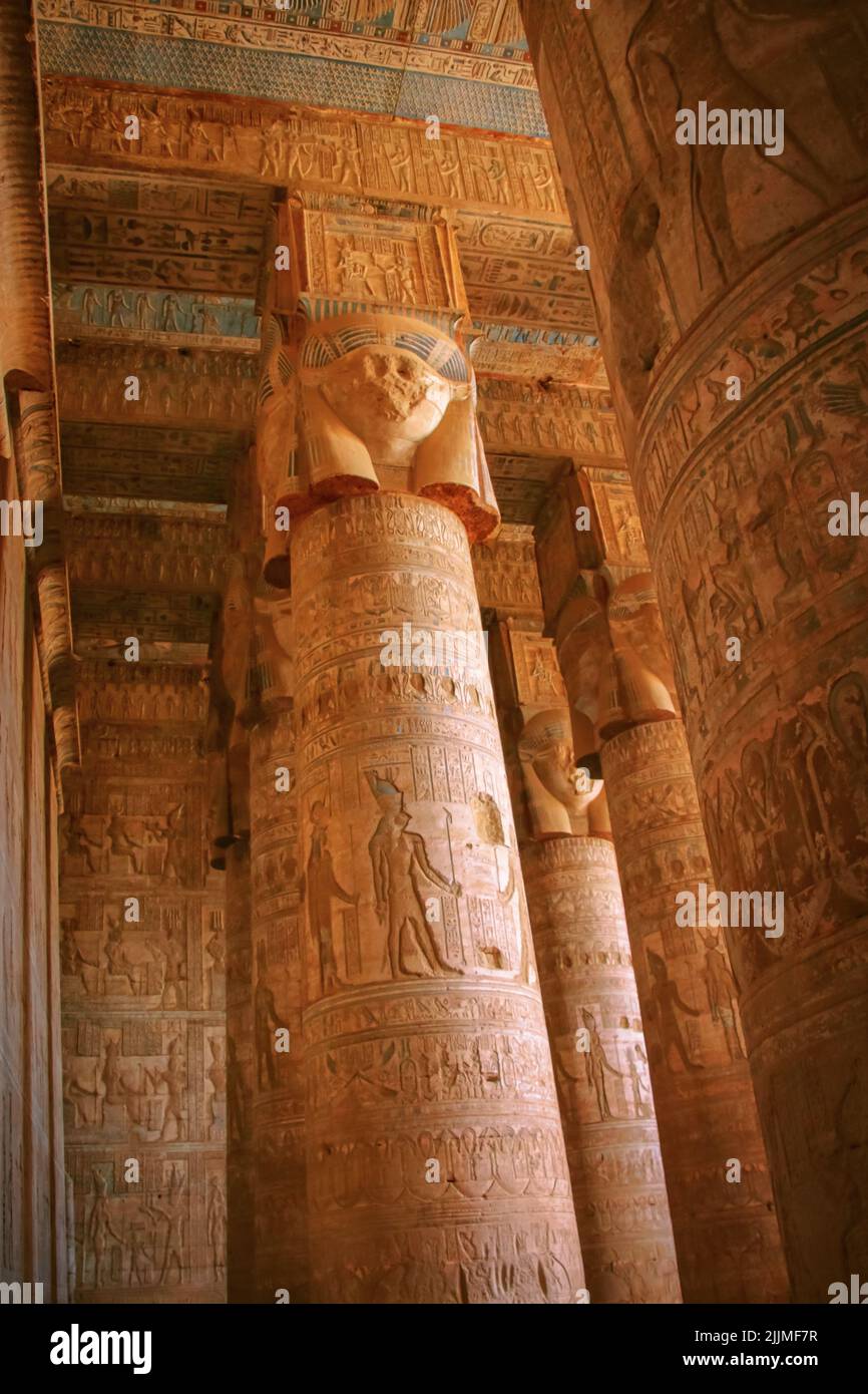 The ruins of the beautiful ancient temple of Dendera or Hathor Temple. Egypt, Dendera, an ...