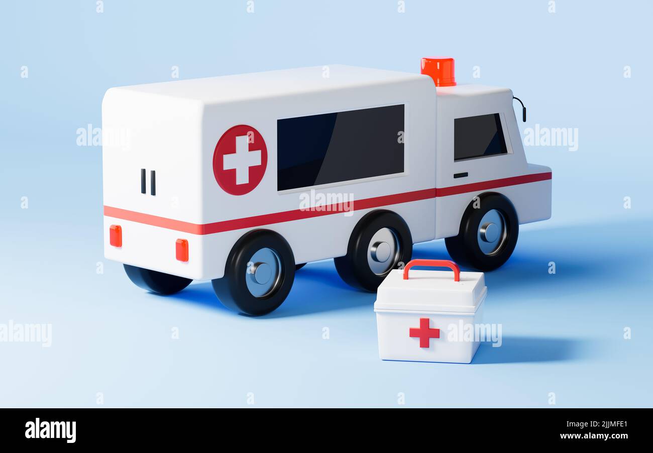 Ambulance and medical kit with blue background, 3d rendering. Computer ...