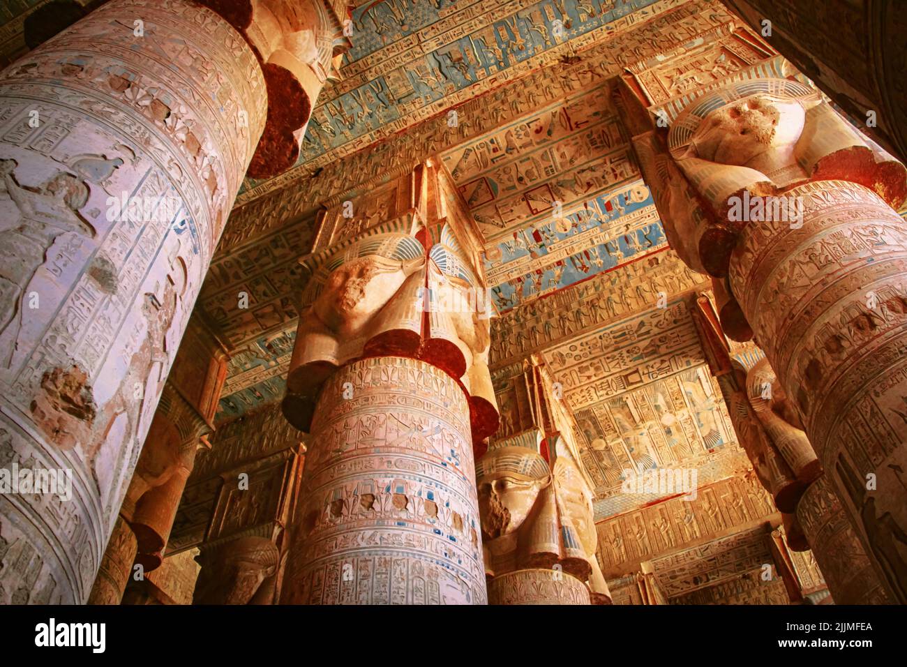 The ruins of the beautiful ancient temple of Dendera or Hathor Temple ...