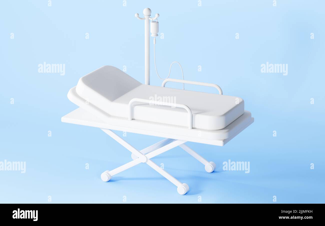 White stretcher in the blue background, medical treatment concept, 3d ...