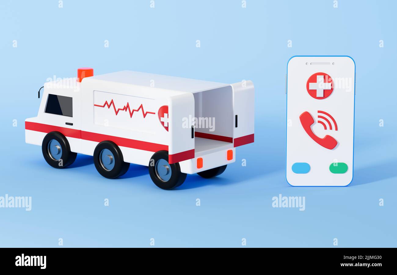 Ambulance and medical rescue telephone with blue background, 3d ...