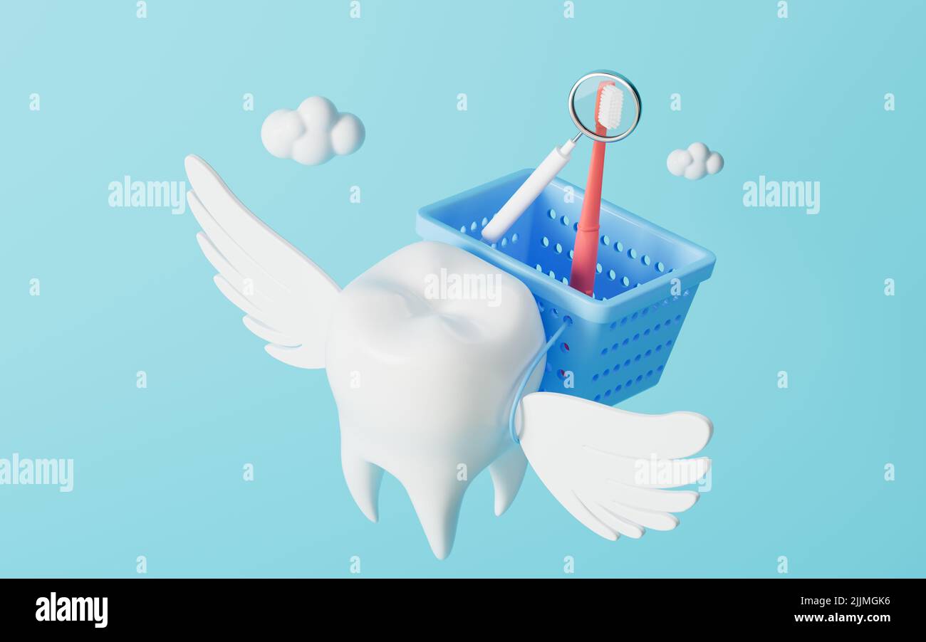 The tooth with wings carrying a blue basket with toothbrush and mirror ...