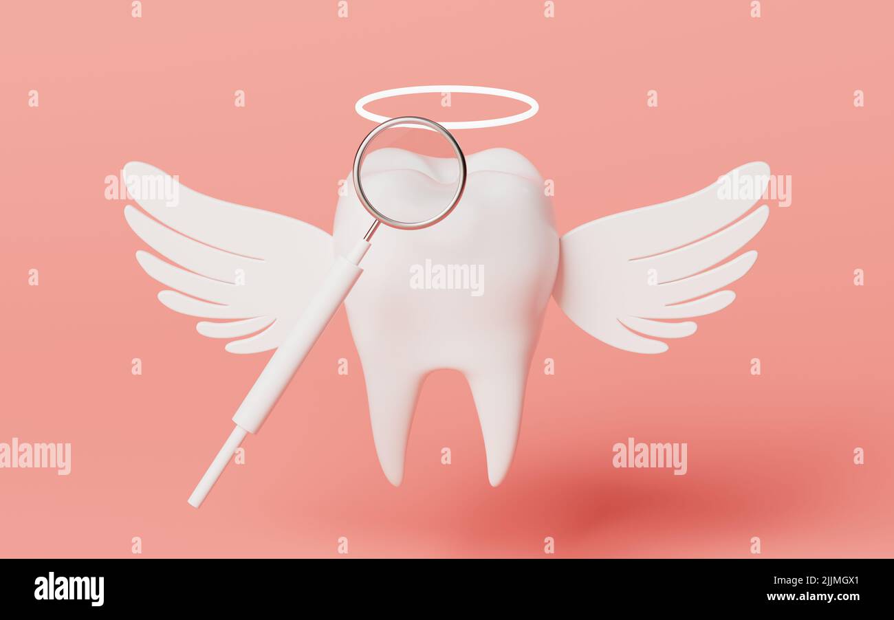 A dental mirror and cartoon angel tooth, 3d rendering. Computer digital ...