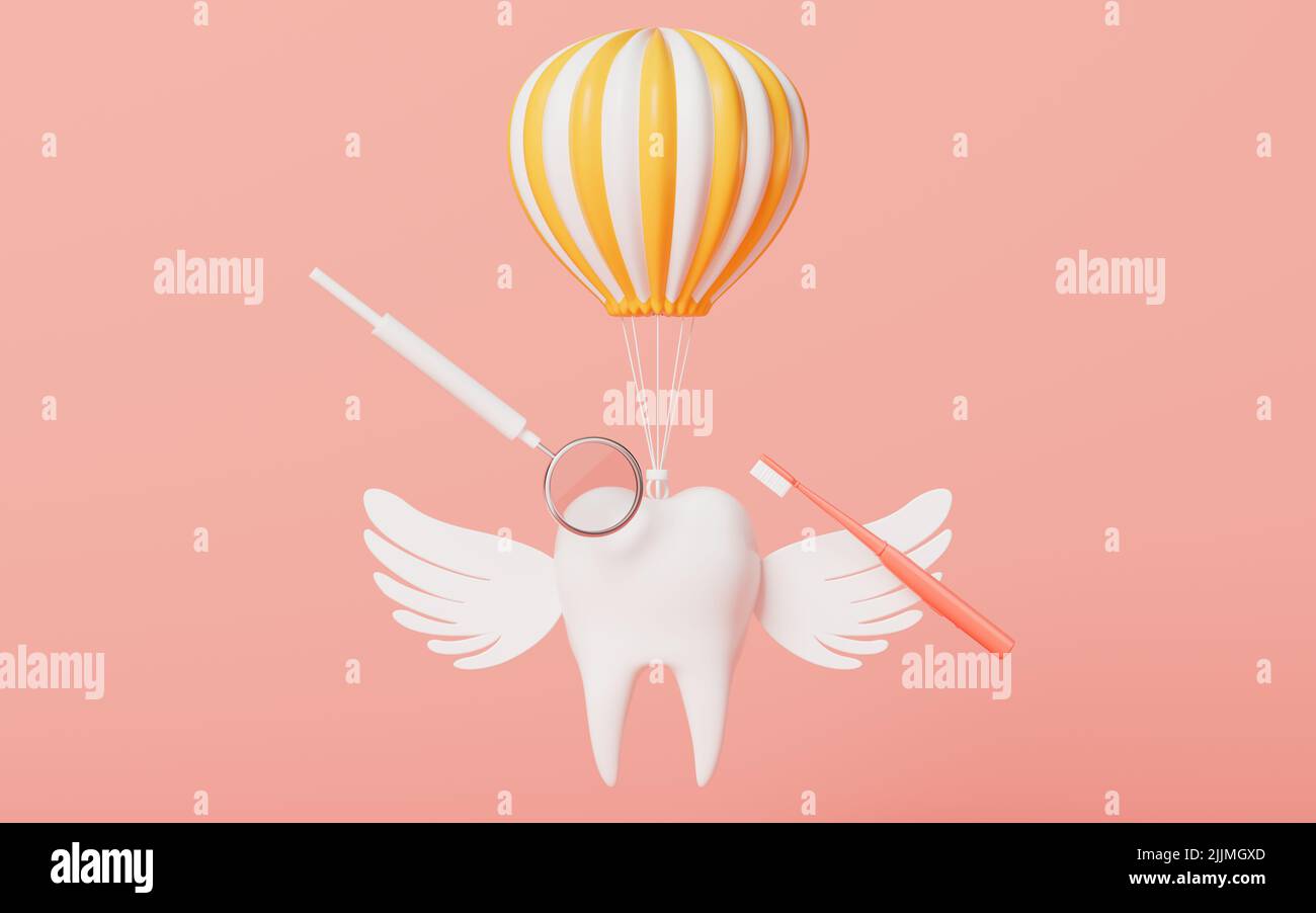 A dental mirror and cartoon angel tooth, 3d rendering. Computer digital ...