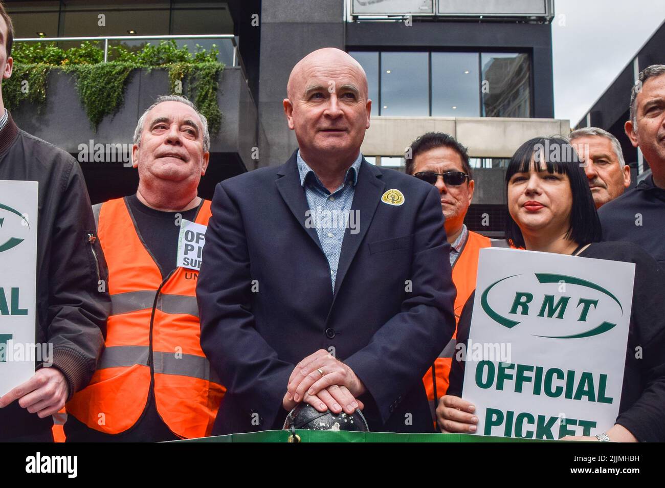 London, UK. 27th July 2022. RMT General Secretary Mick Lynch joins the ...