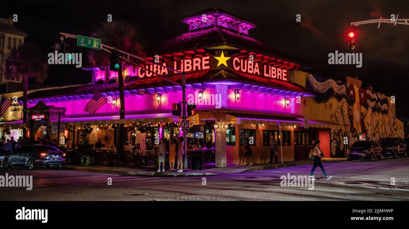 A Cuban restaurant illuminated with purple lights on the Hollywood ...