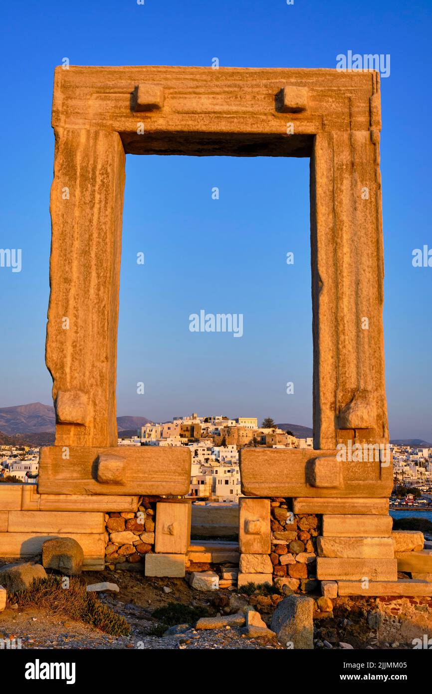 Greece, Cyclades, island of Naxos, city of Hora (Naxos), the portico of ...