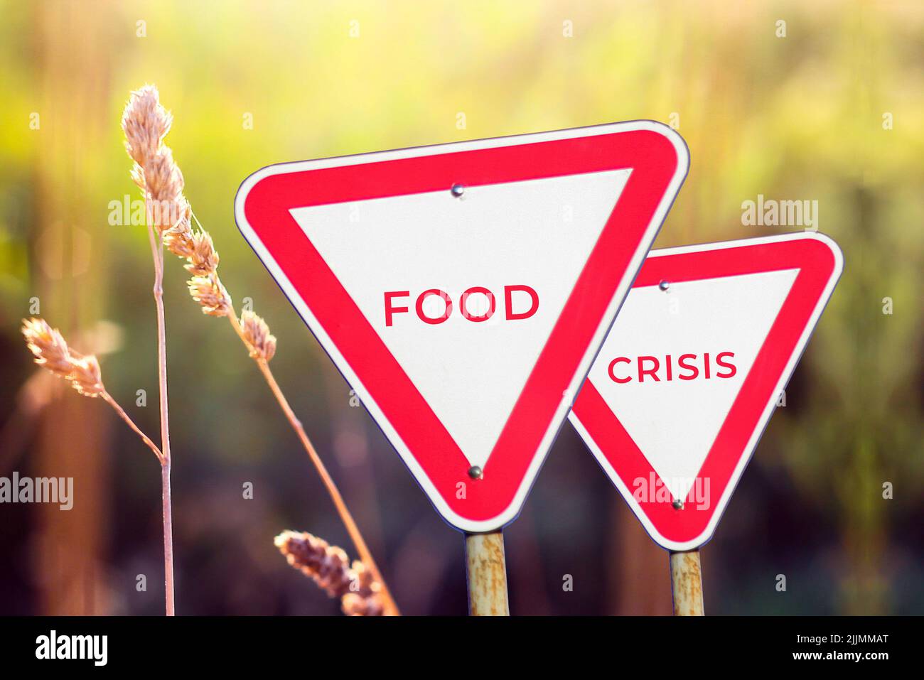 Food crisis concept. Two red road signs. Defocus blank empty triangle ...