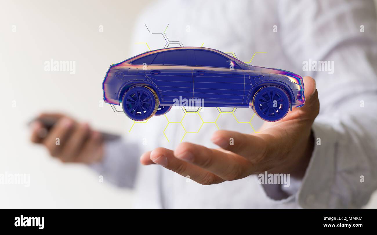 A 3D rendering of an autonomous driving electric car floating on a man ...