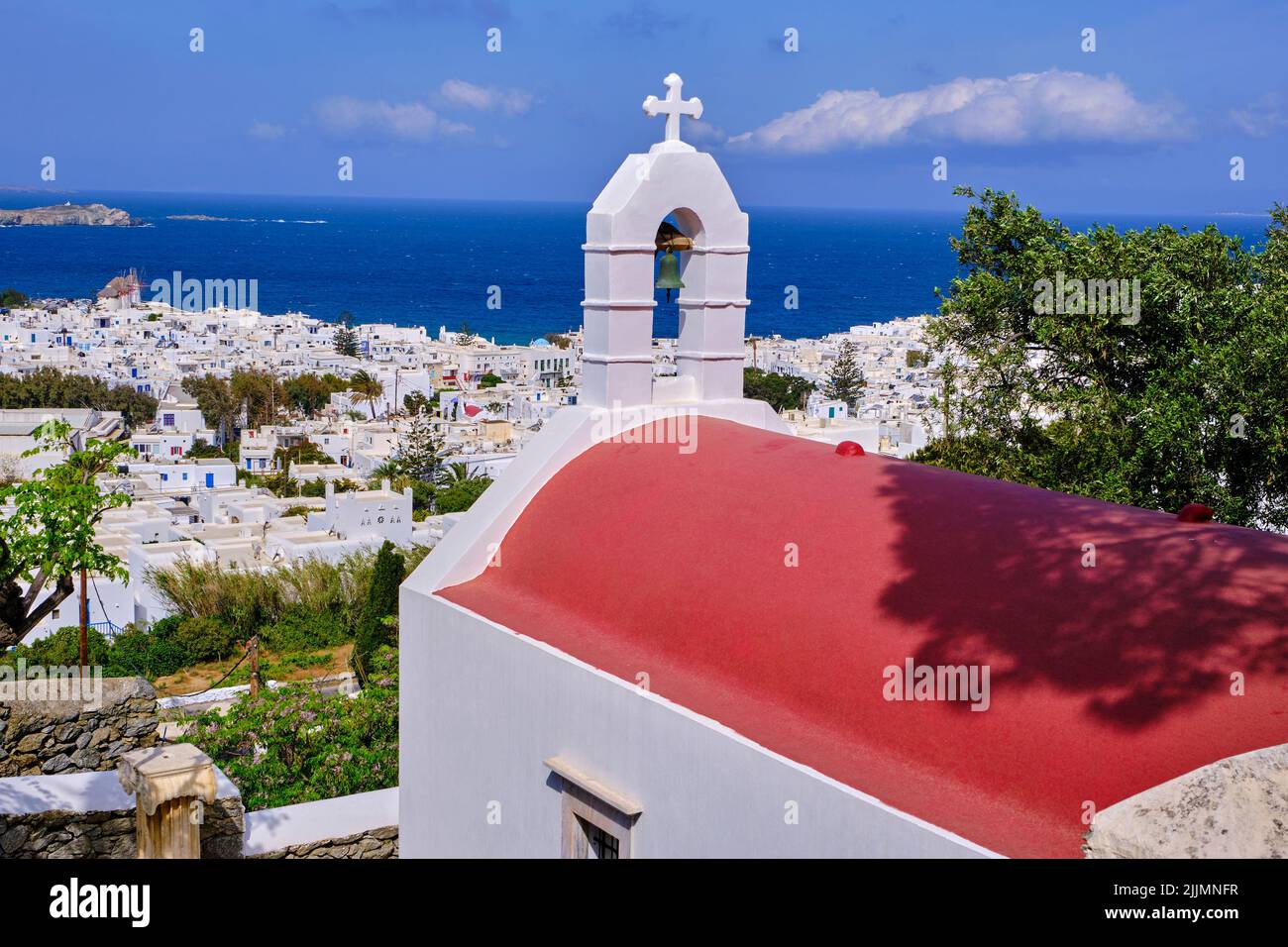 Greece, Cyclades, Mykonos island, Chora, Mykonos town, red church above ...
