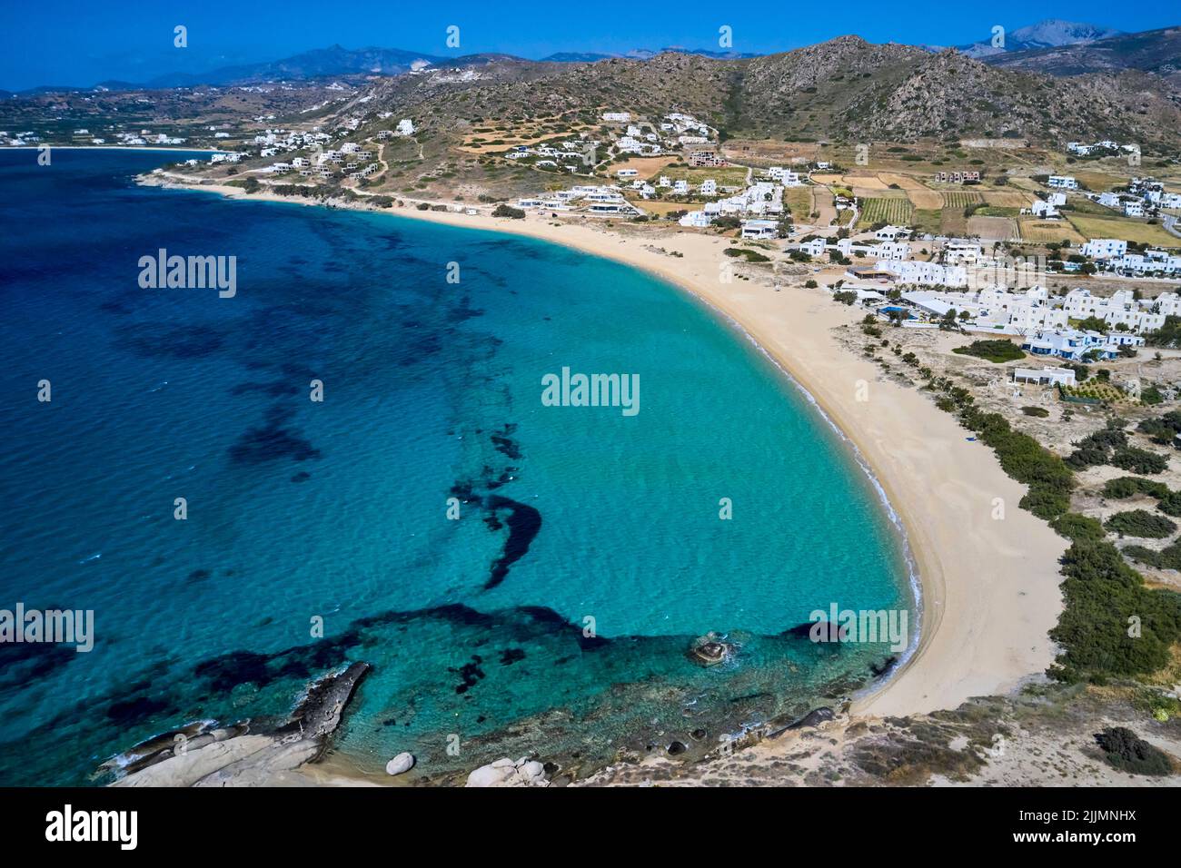 Greece, Cyclades islands, Naxos, aerial view of Orkos beach Stock Photo ...