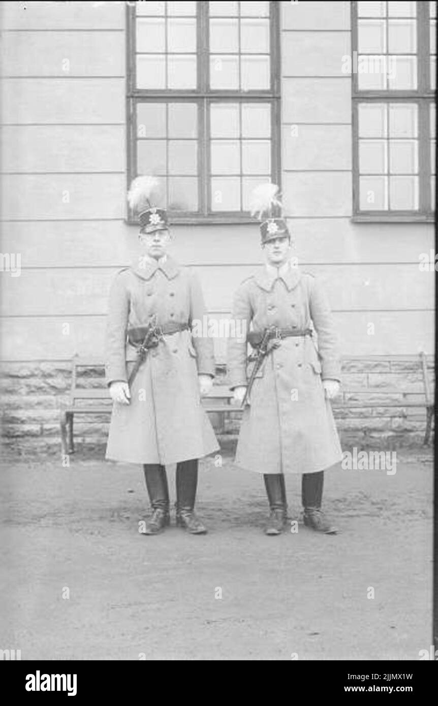 Two guard outside the vault K 3 barracks. Dress: Uniform m/ä, coat m/10 ...