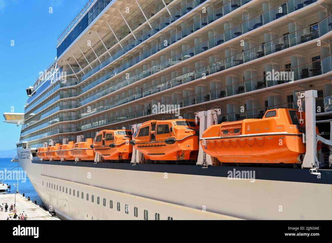 Kusadasi, Turkey - May 2022: Row of lifeboats on the side of the cruise ...