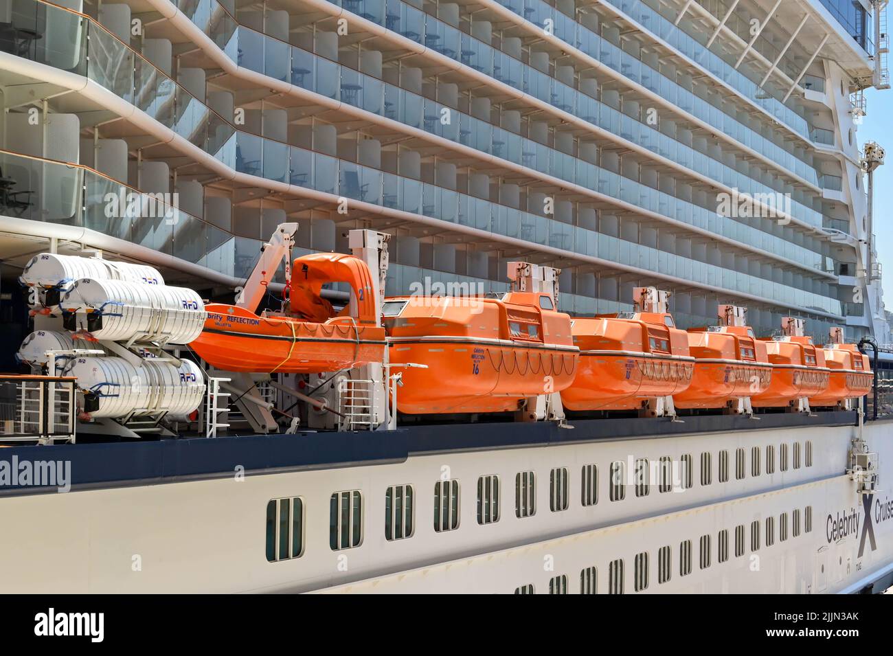 Kusadasi, Turkey - May 2022: Row of lifeboats on the side of the cruise ...