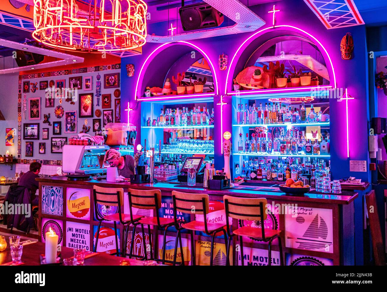 The neon illuminated Mezcal Restaurant interior in Glasglow, UK Stock ...