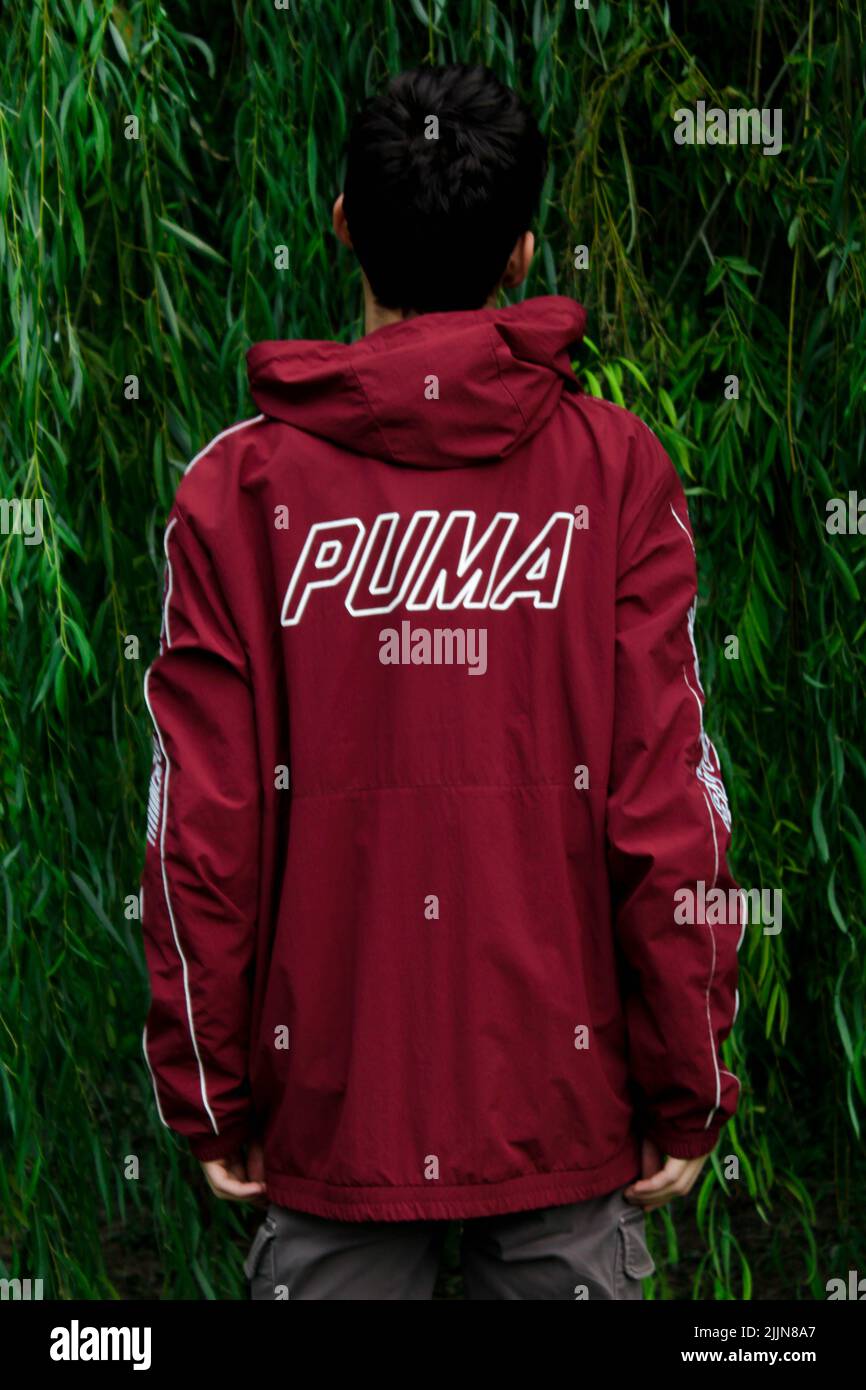 A vertical back view of a male in a red Puma jacket near a tree Stock ...
