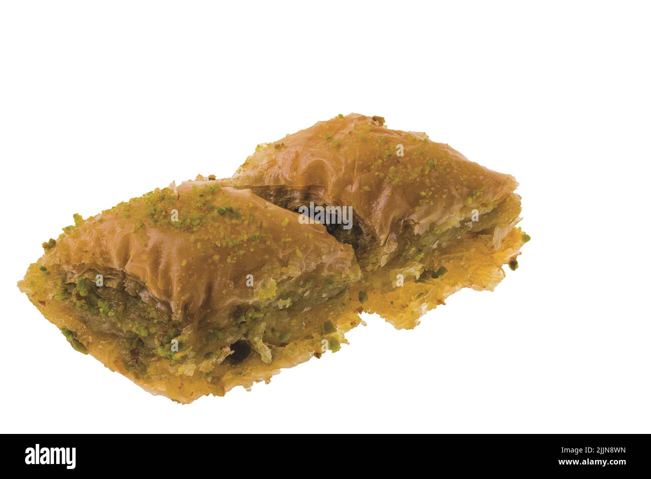 Macro view of layered pastry dessert baklava isolated on white ...