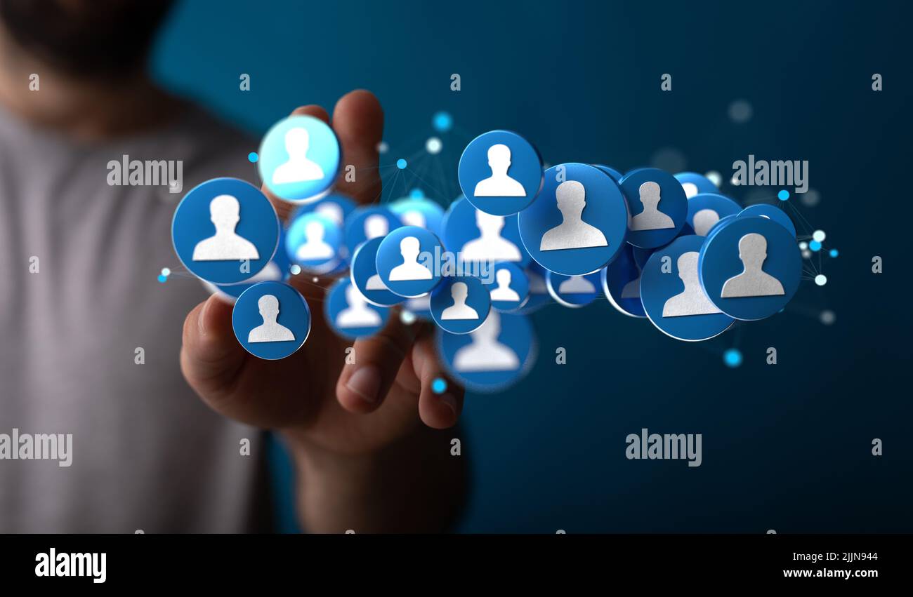 A man's hand tapping on 3d rendered profile icons Stock Photo - Alamy