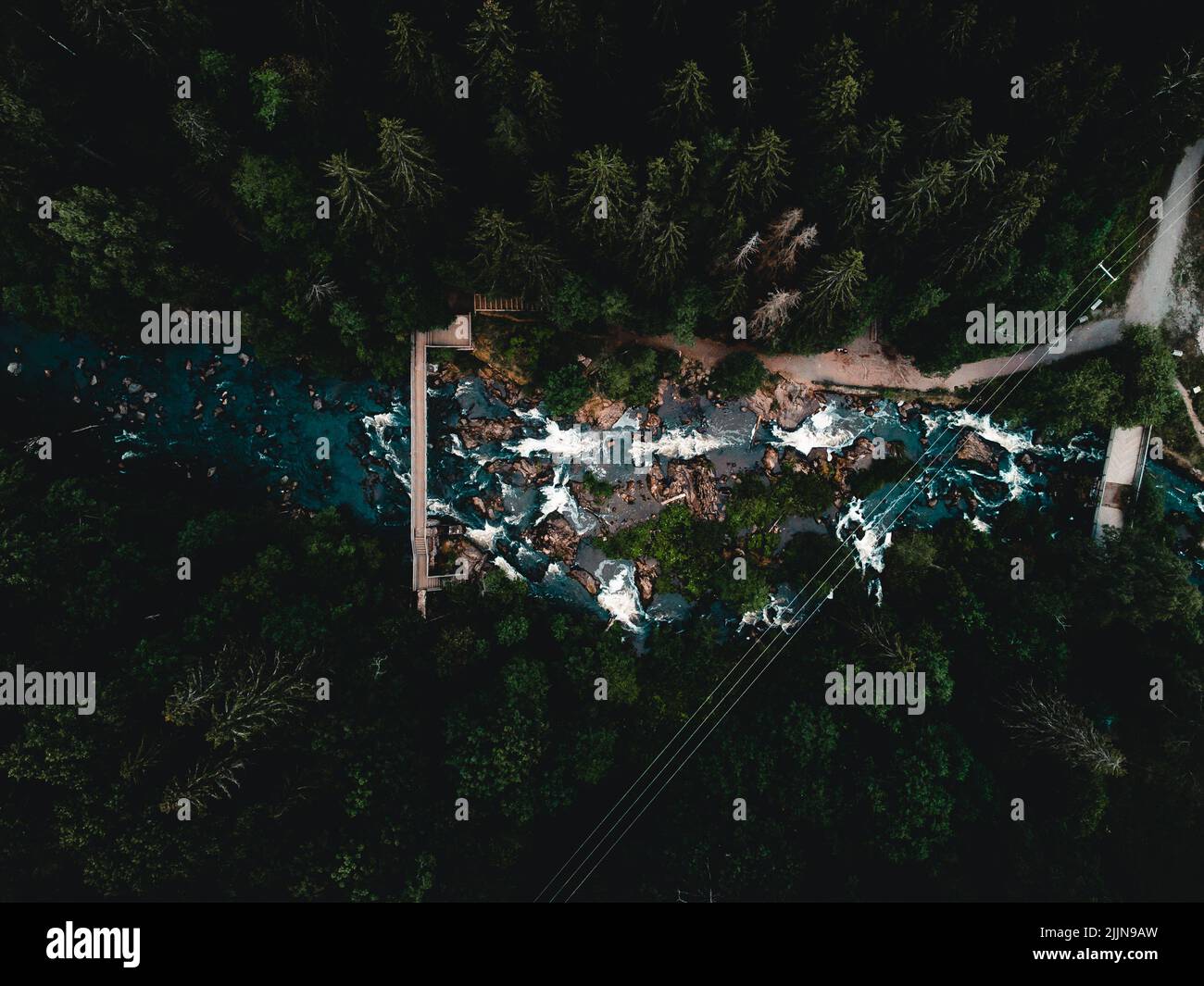 An aerial view of the Myllykoski rapids in Nurmijarvi, Finland in the ...