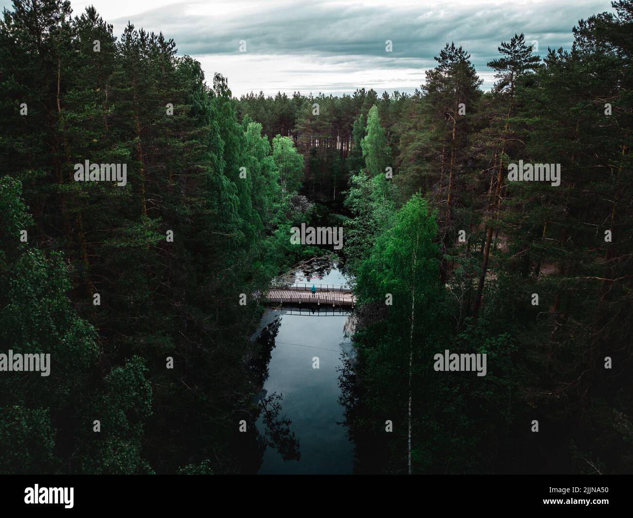 An aerial view of a bridge over a tranquil river along lush trees Stock ...
