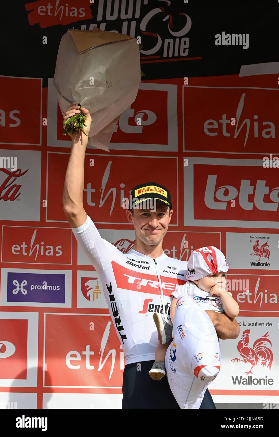 Belgian Edward Theuns of Trek-Segafredo celebrates on the podium after ...