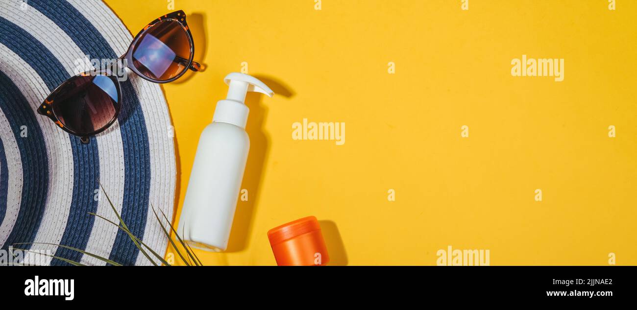 Set of accessories for sun protection on the beach in summer and on ...