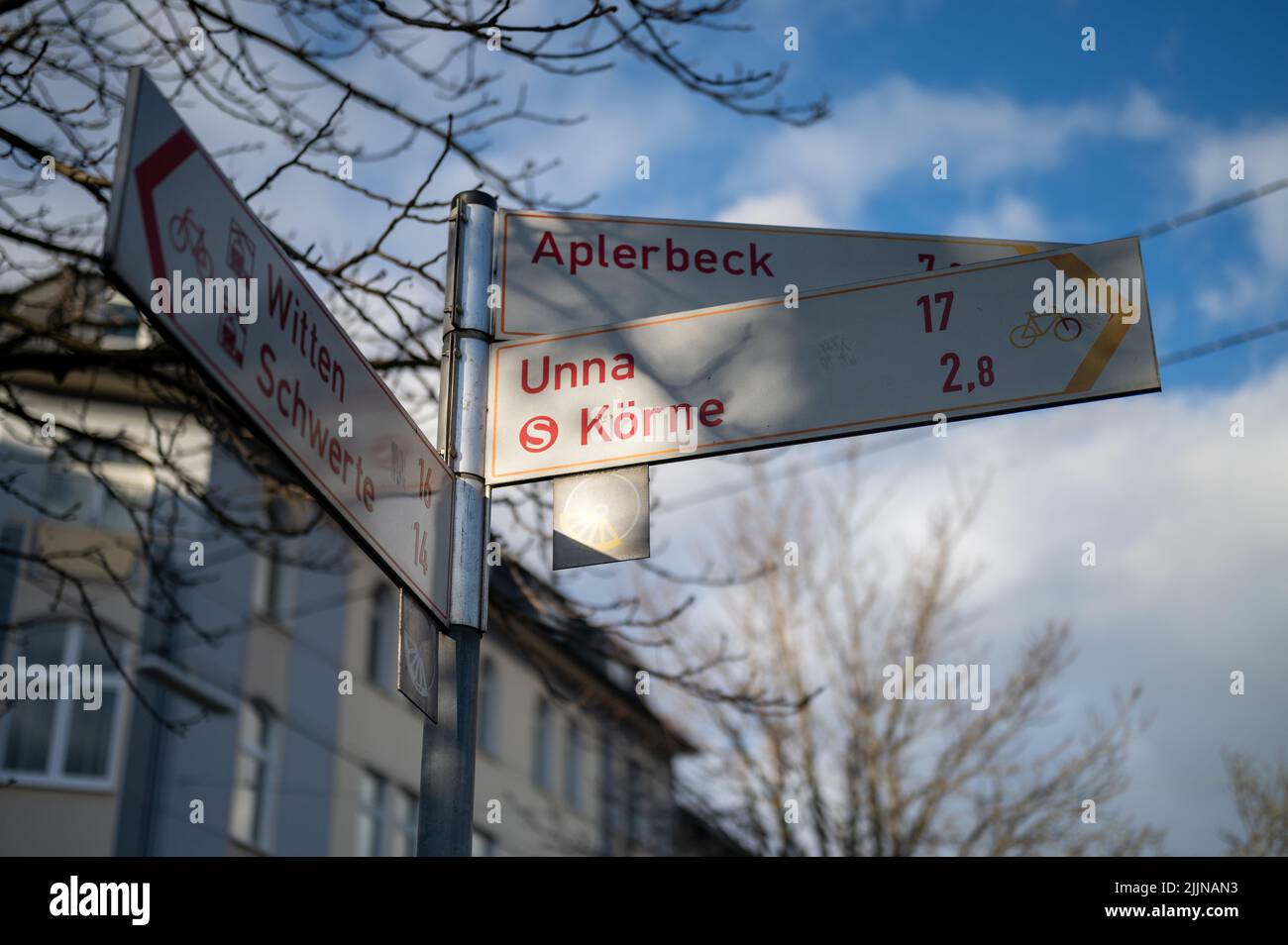 A low angle shot of a traffic signs with directions for bicycles in ...