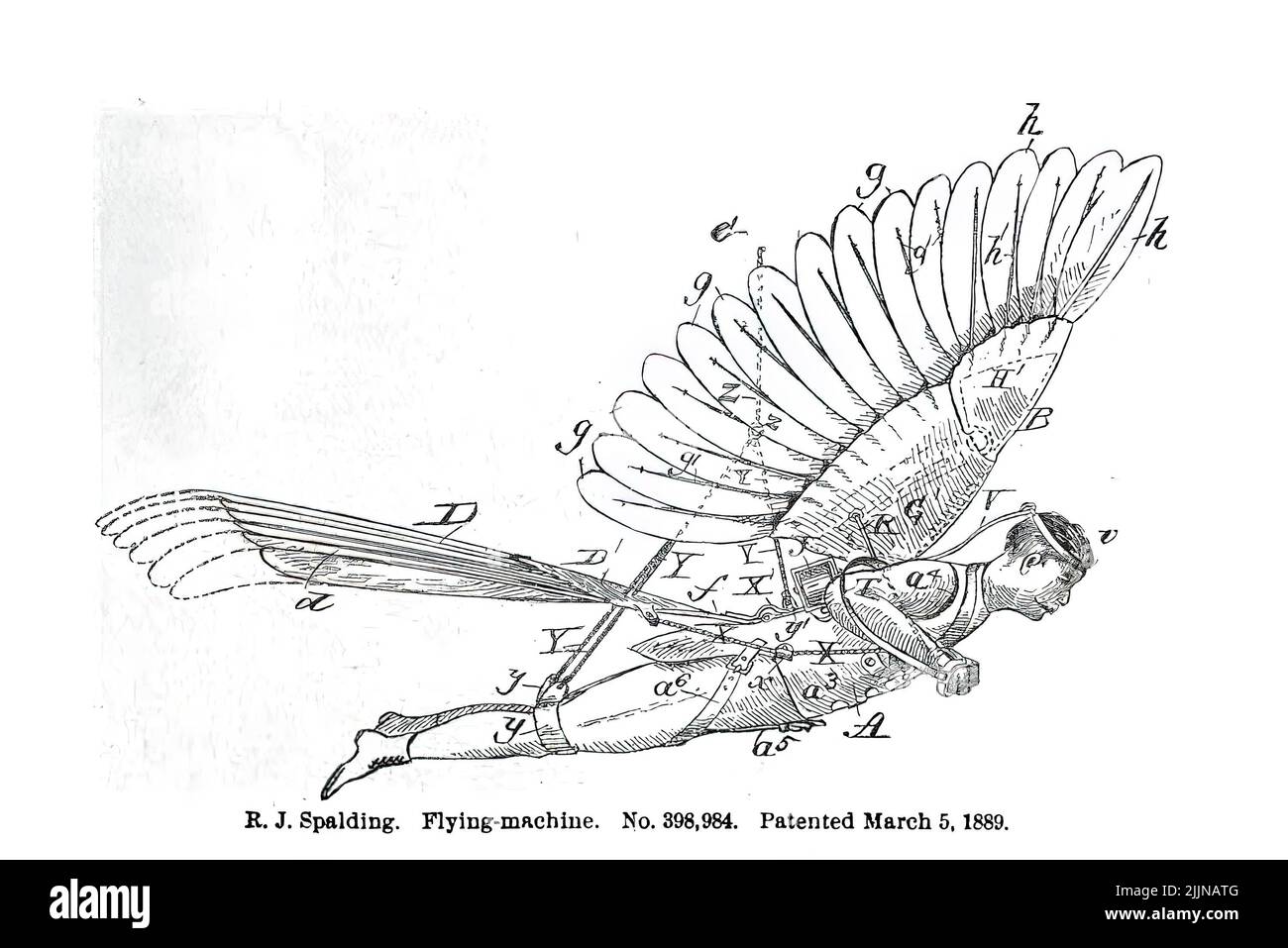 The illustration of a 19th-century vintage flying device with bird's ...