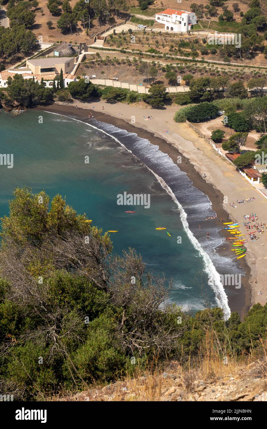 An aerial beautiful view of the costa brava beach on a summer day with ...