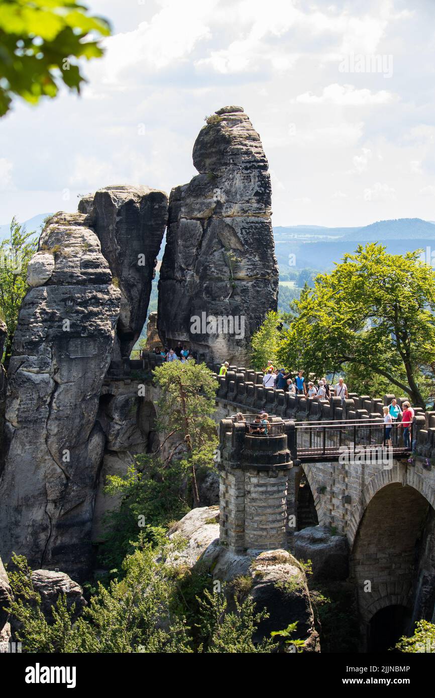 A vertical shot of the Bastei rock formation in the Elbe Sandstone ...