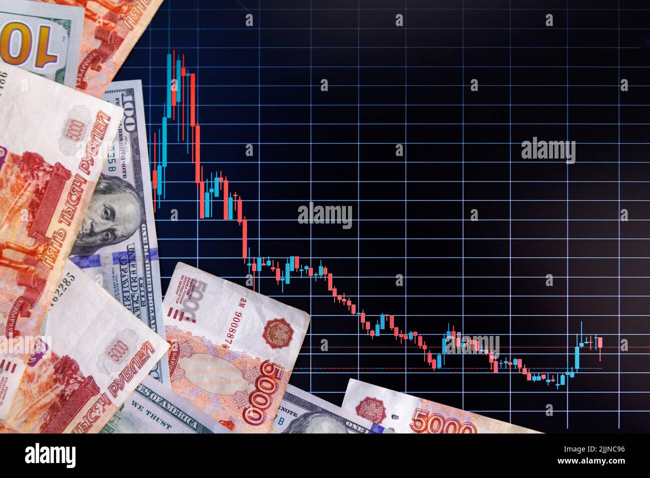 US dollar and russian ruble banknotes over digital screen with exchange ...