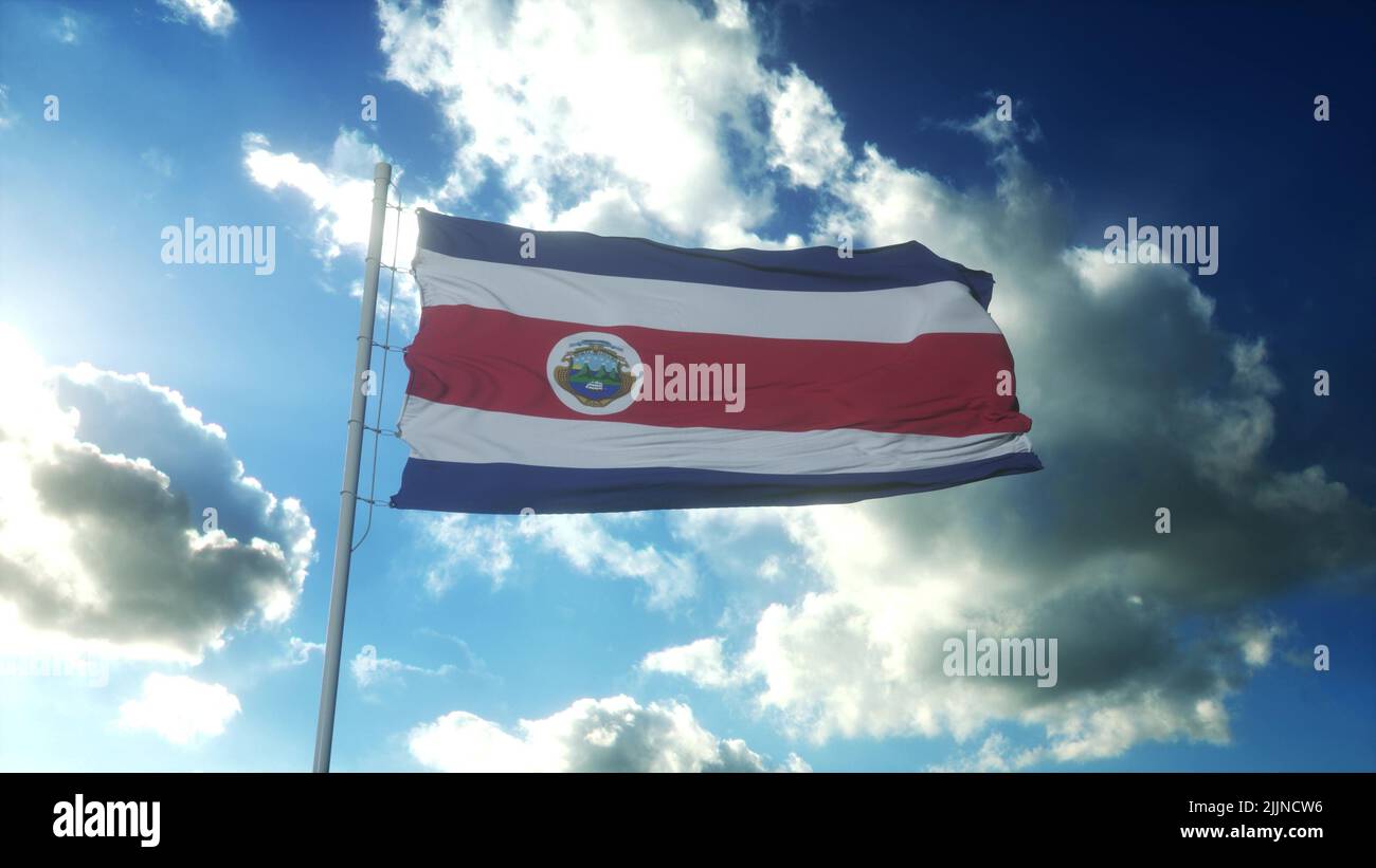 Flag of Costa Rica waving at wind against beautiful blue sky. 3d illustration Stock Photo - Alamy