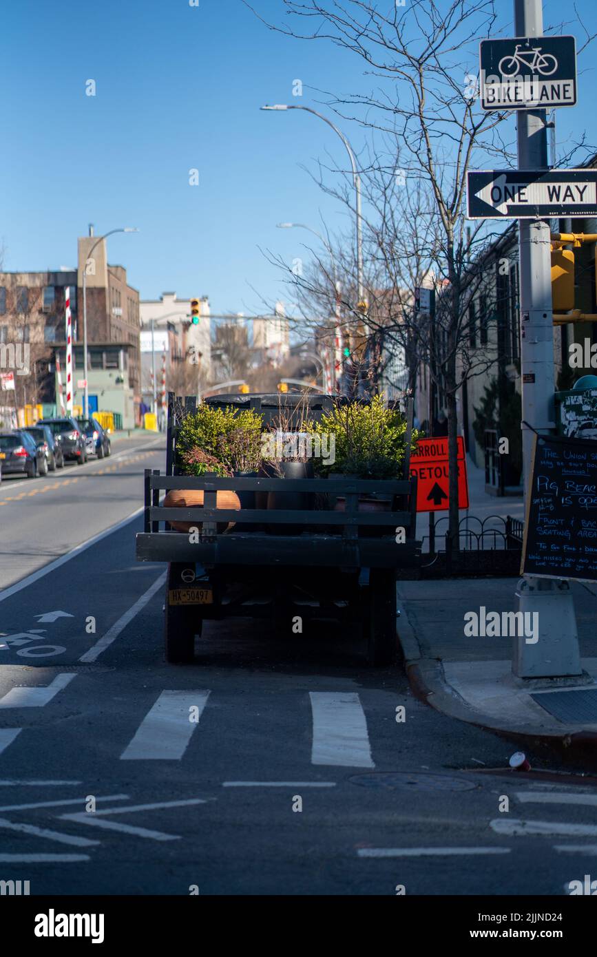 A vertical shot of a van with lush green plants in the street in ...