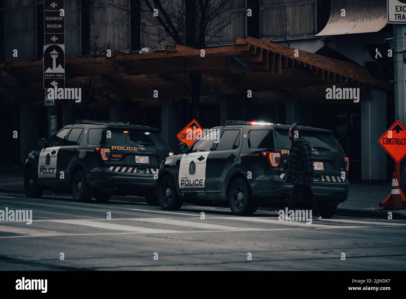 The two parked Ford Explorer Police vehicles, downtown Calgary, Alberta ...