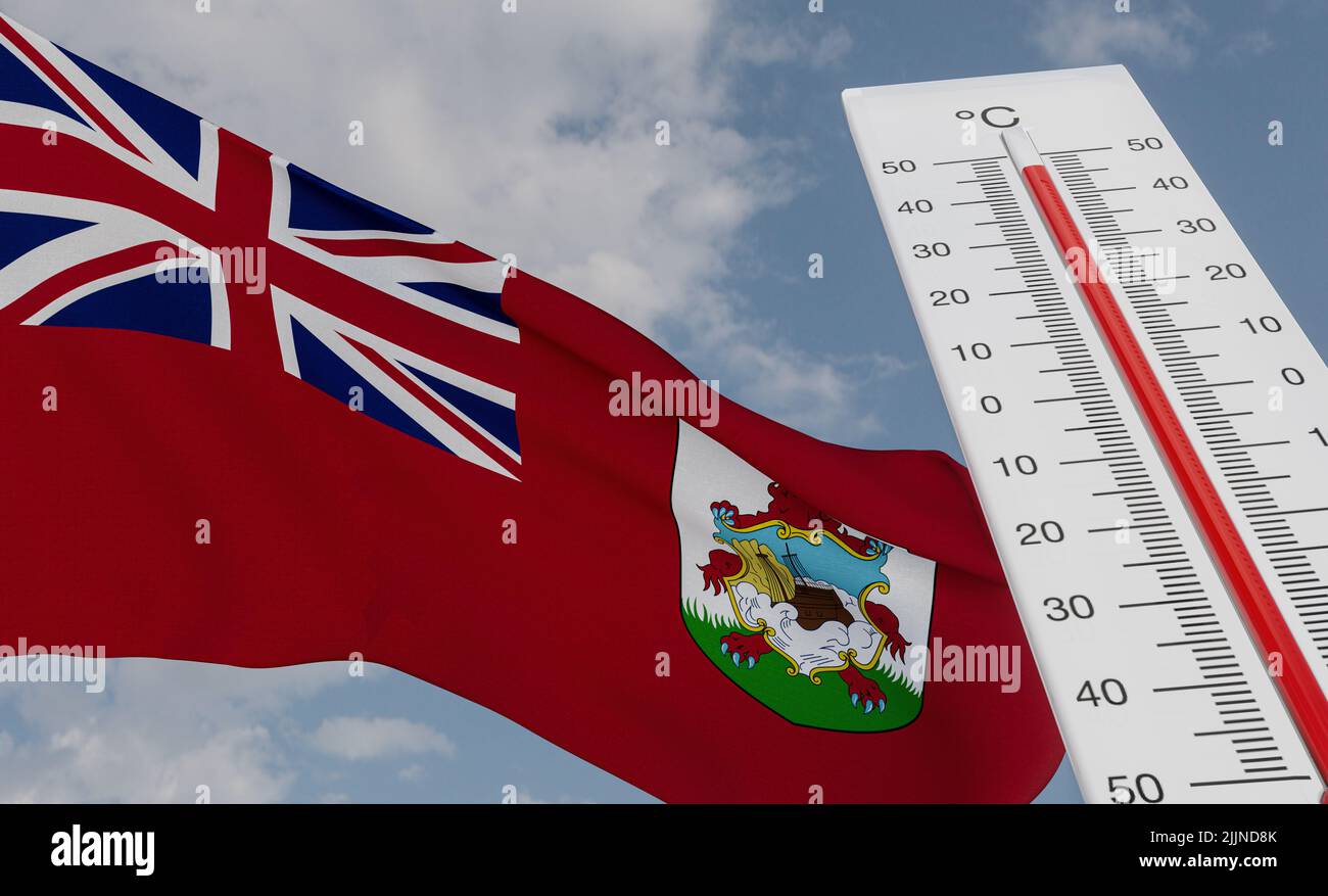 Heat wave in Bermuda, Thermometer in front of flag Bermuda and sky ...