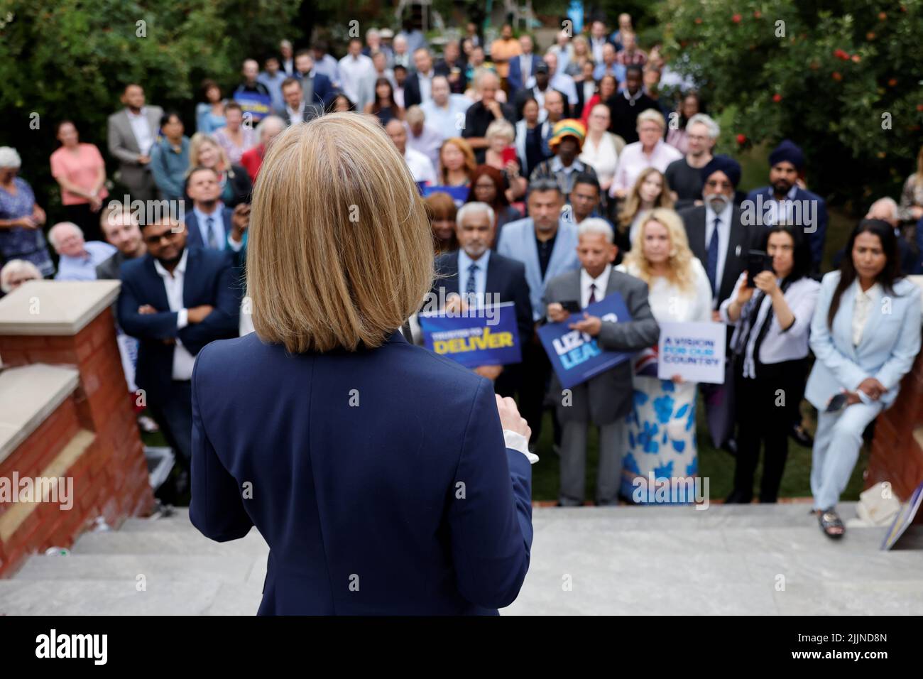 Liz Truss speaking at an event at private house with members of the ...