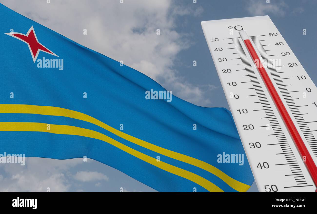Heat wave in Aruba, Thermometer in front of flag Aruba and sky ...