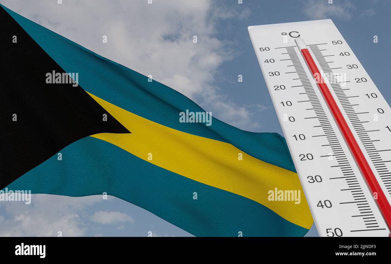 Heat wave in Bahamas, Thermometer in front of flag Bahamas and sky ...