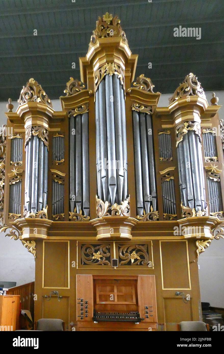 Engerhafe, Germany - July 8 2022 The amazing baroque pipe organ in a ...