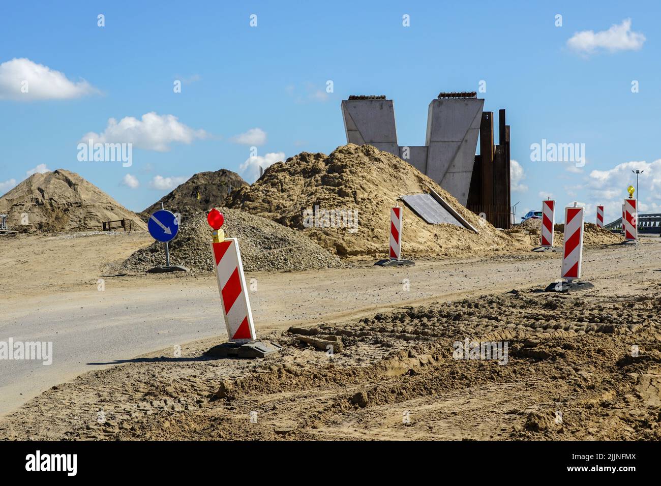 New road overpass concrete bridge construction site view with concrete ...