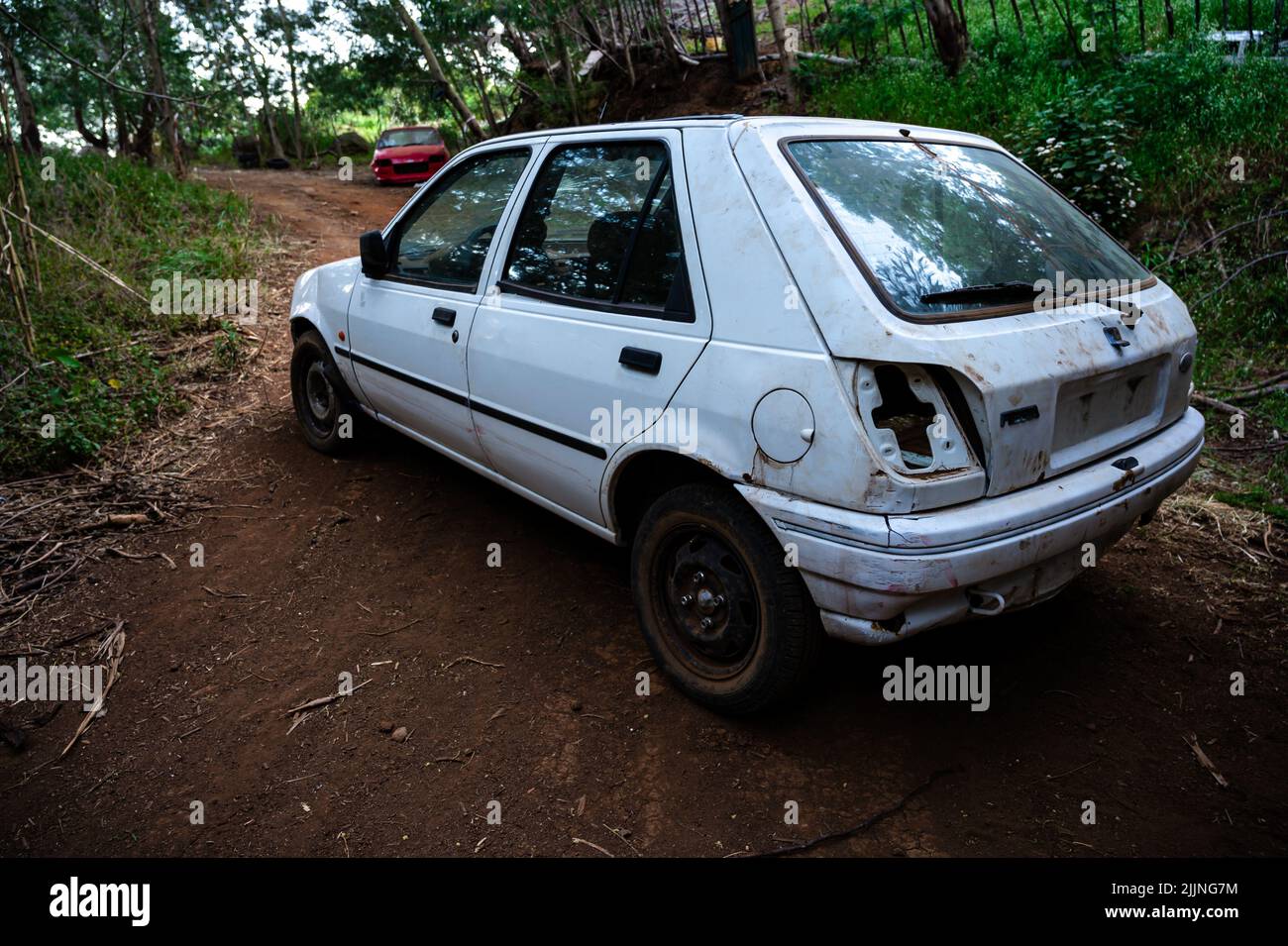 Totally destroyed white car in the forest, black dump Stock Photo - Alamy