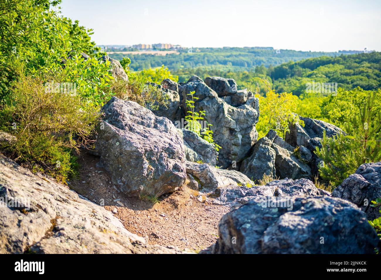 Popular wild park Divoka Sarka in Prague city in sunset time in summer ...